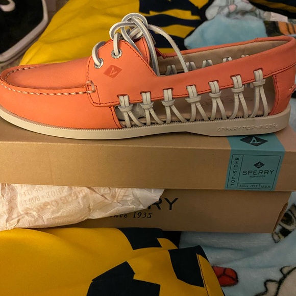 Sperry | Shoes | Sperry Orange And White Flats With Moccasin Toe | Poshmark